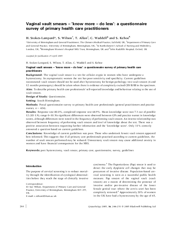 (PDF) Vaginal vault smears -'know more - do less': a questionnaire ...