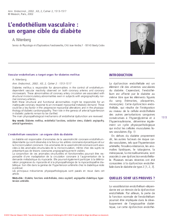 (PDF) L'endothélium vasculaire : un organe cible du diabète