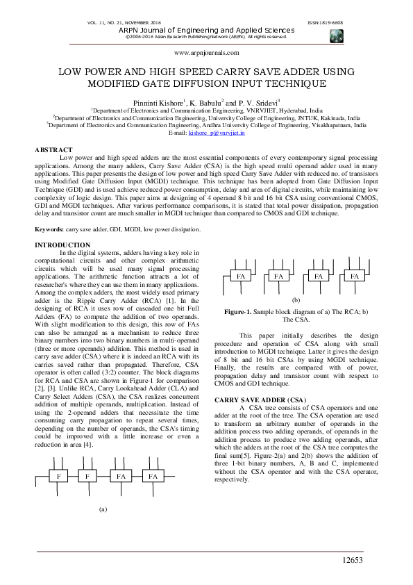 (PDF) Low Power and High Speed Carry Save Adder Using Modified Gate Diffusion Input Technique