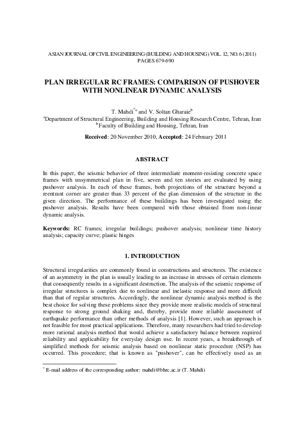 (PDF) Plan Irregular RC Frames: Comparison of Pushover with Nonlinear Dynamic Analysis