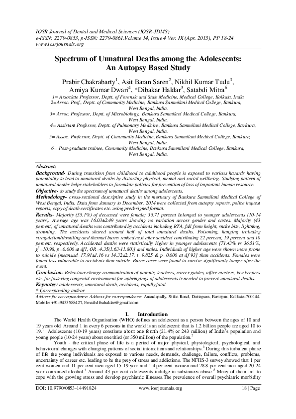 (PDF) Spectrum of Unnatural Deaths among the Adolescents: An Autopsy ...