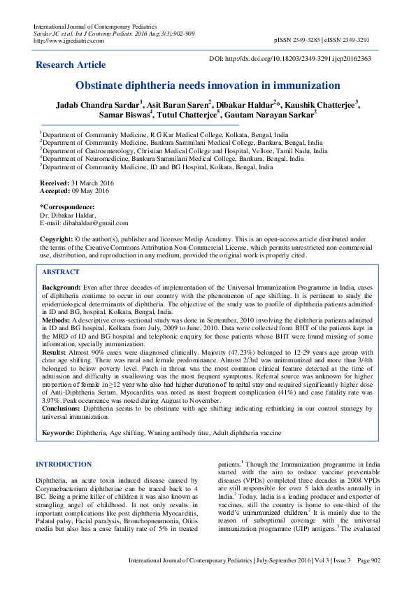 (PDF) Obstinate diphtheria needs innovation in immunization