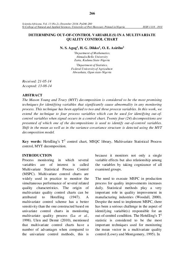 (PDF) Determining out-of-control variable(s) in a multivariate quality control chart