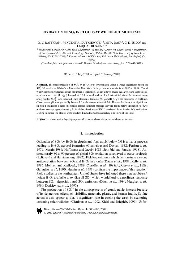 (PDF) Oxidation of SO2 in Clouds at Whiteface Mountain