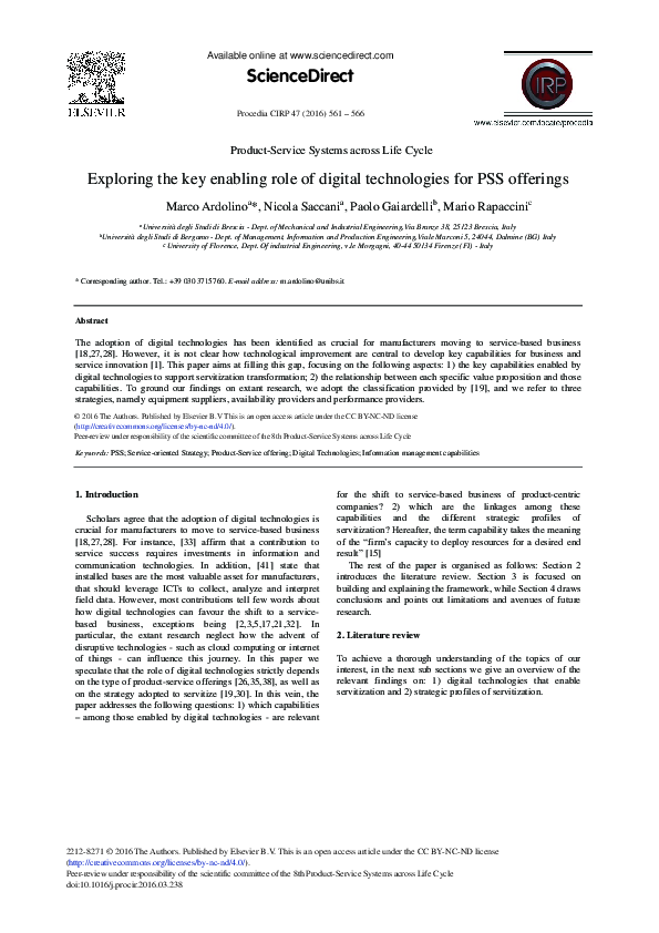 (PDF) Exploring the Key Enabling Role of Digital Technologies for PSS ...