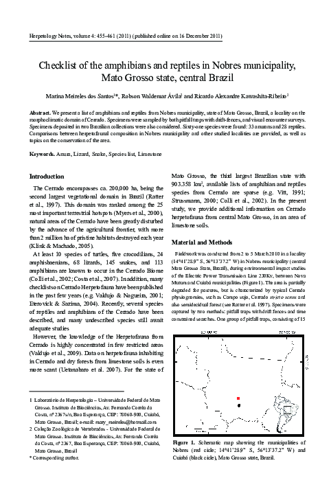 (PDF) Checklist of the amphibians and reptiles in Nobres municipality ...