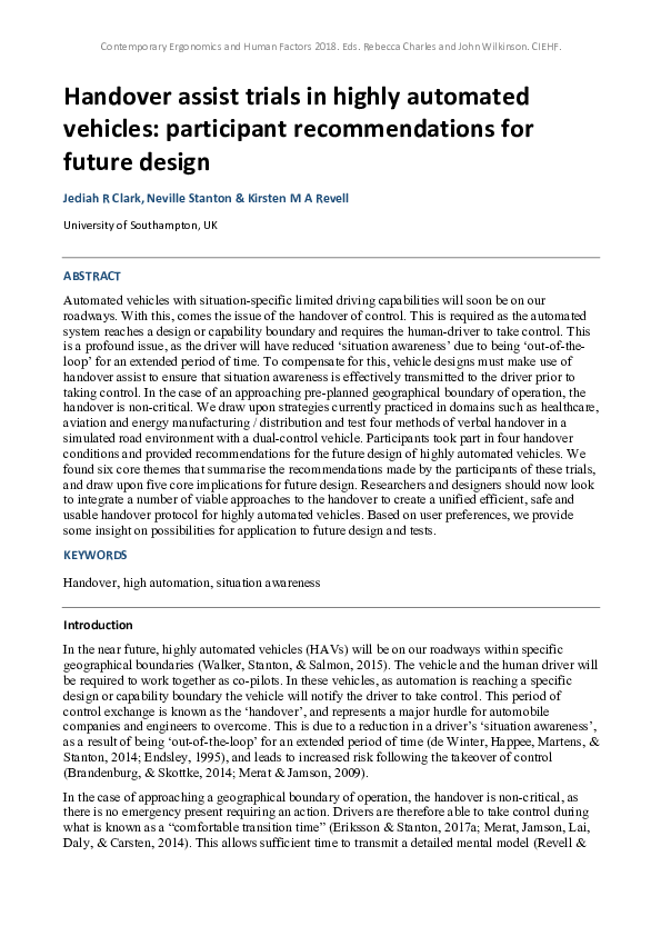 (PDF) Handover assist trials in highly automated vehicles: participant ...