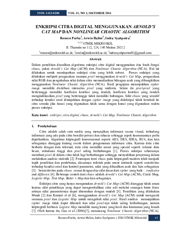 Pdf Enkripsi Citra Digital Menggunakan Arnolds Cat Map Dan Nonlinear Chaotic Algorithm