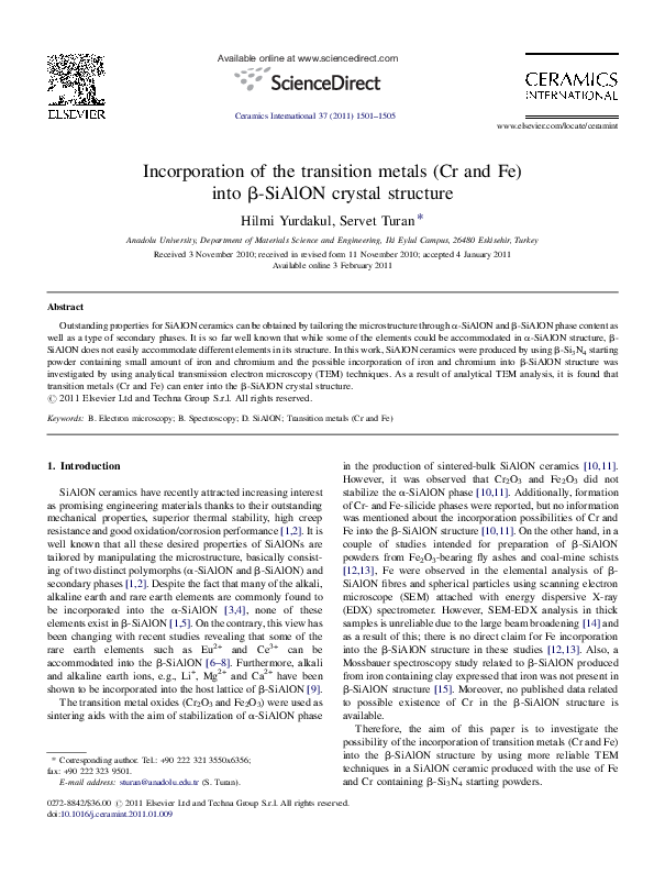 (PDF) Incorporation of the transition metals (Cr and Fe) into β-SiAlON ...
