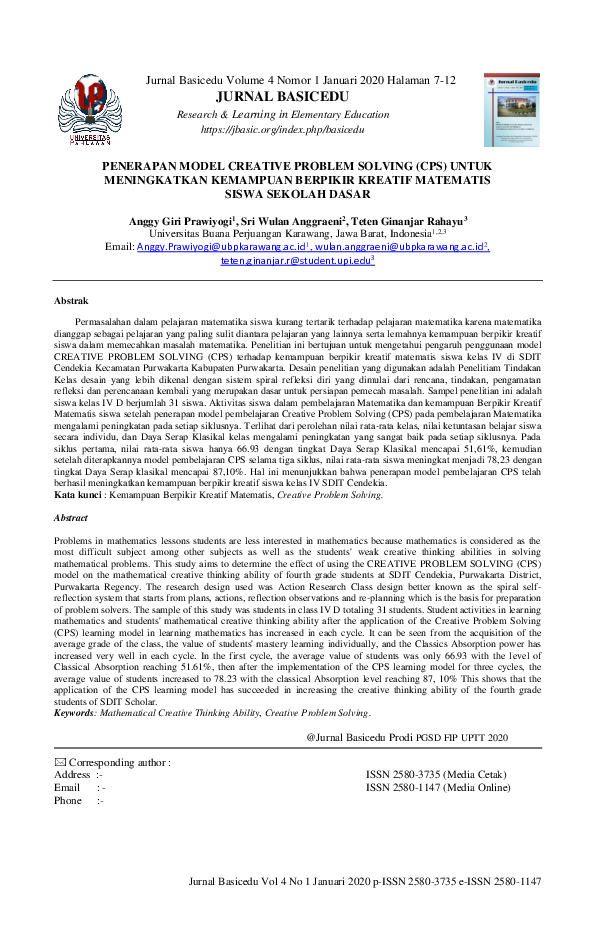 (PDF) Penerapan Model Creative Problem Solving (CPS) Untuk Meningkatkan Kemampuan Berpikir ...