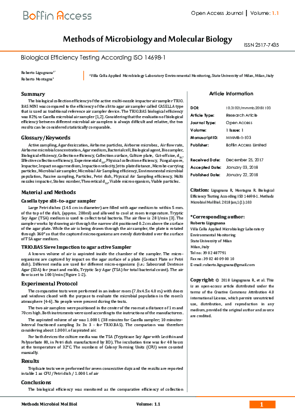 (PDF) Biological Efficiency Testing According ISO 14698-1 | Roberto ...