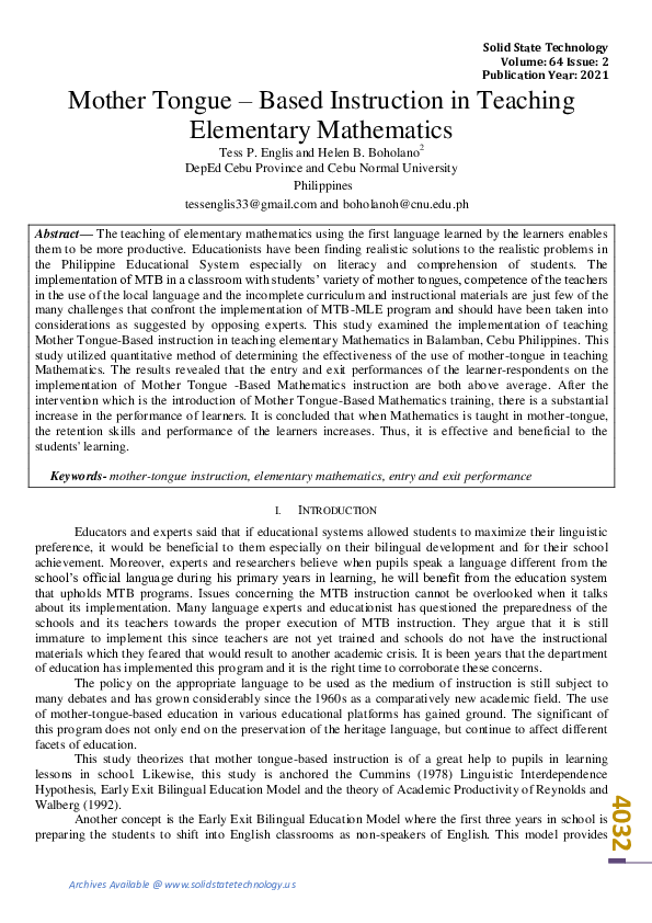 (PDF) Mother Tongue-Based Instruction in Teaching Elementary Mathematics