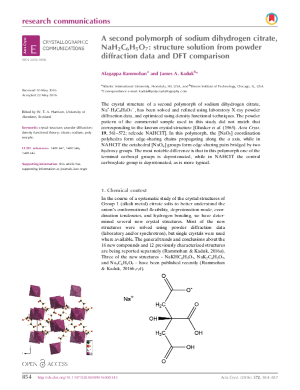(PDF) A second polymorph of sodium di-hydrogen citrate, NaH2C6H5O7: structure solution from ...