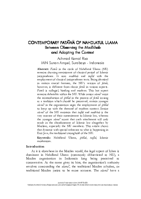 (PDF) CONTEMPORARY FATAWA OF NAHDLATUL ULAMA: Between Observing the ...