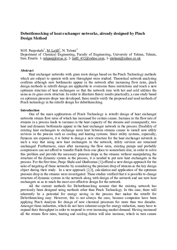 (PDF) De-bottlenecking of Heat Exchanger Networks, Already Designed by ...