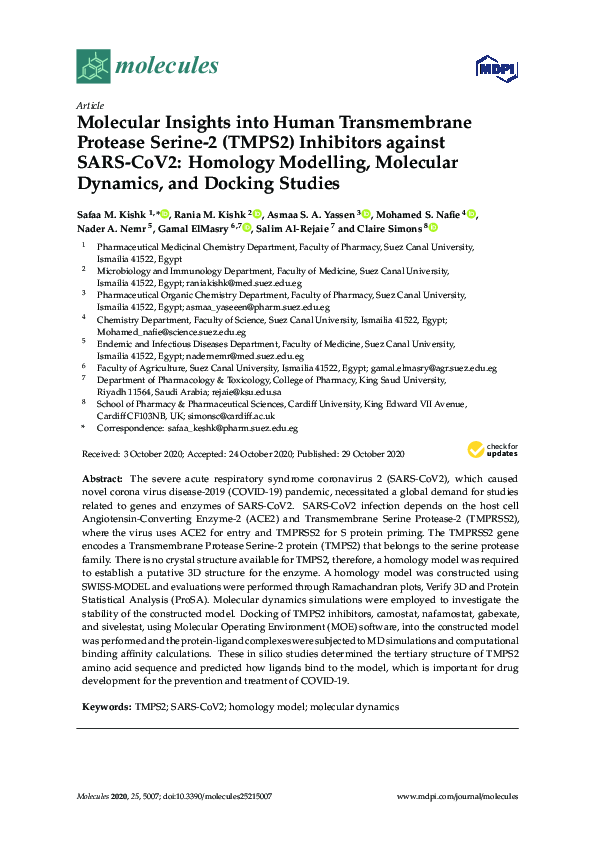 (PDF) Molecular Insights into Human Transmembrane Protease Serine-2 (TMPS2) Inhibitors against ...