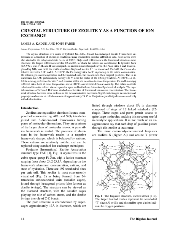 (PDF) Crystal structure of zeolite Y as a function of ion exchange