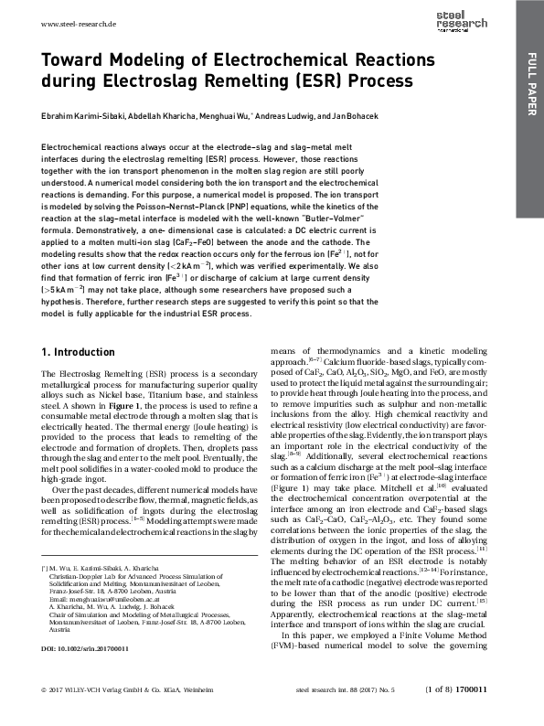 (PDF) Toward Modeling of Electrochemical Reactions during Electroslag ...