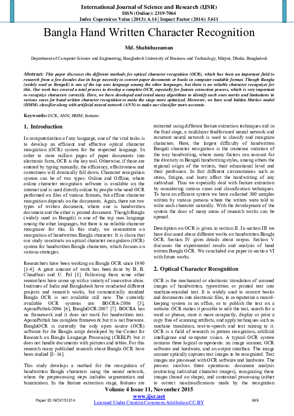 Pdf Bangla Handwritten Character Recognition