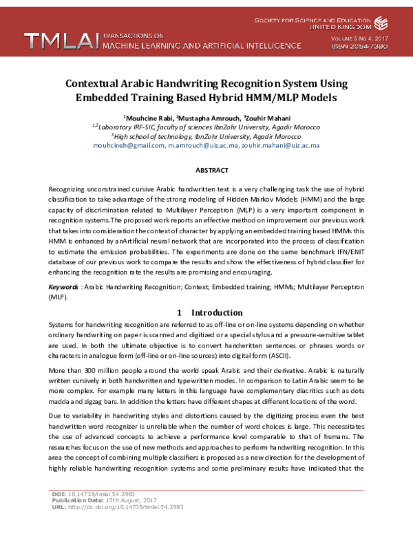 Pdf Contextual Arabic Handwriting Recognition System Using Embedded Training Based Hybrid Hmm