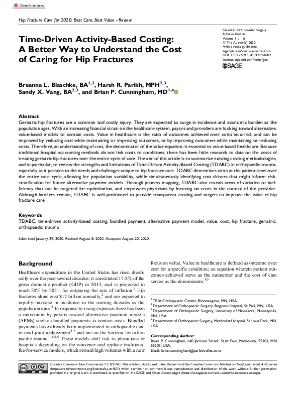 (PDF) Time-Driven Activity-Based Costing: A Better Way to Understand the Cost of Caring for Hip ...