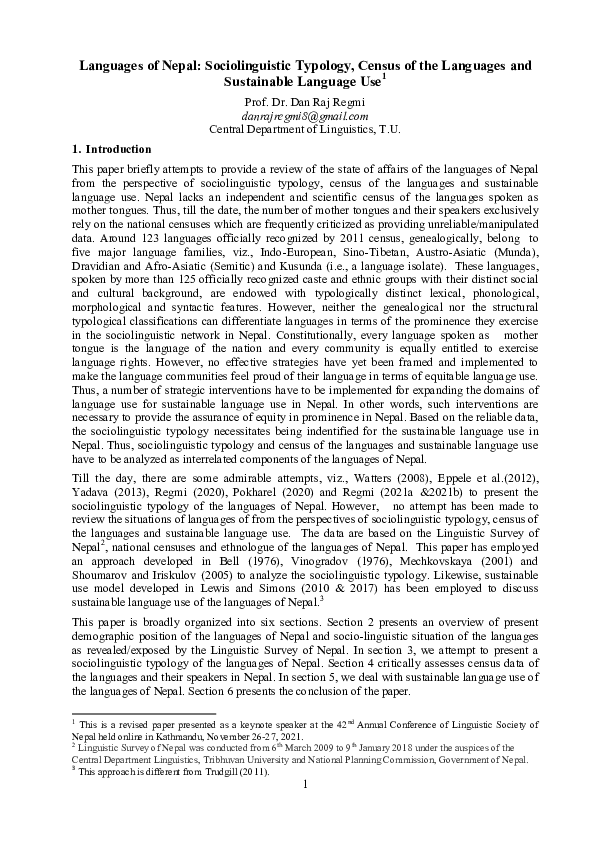 (PDF) Languages of Nepal: Sociolinguistic Typology, Census of the ...