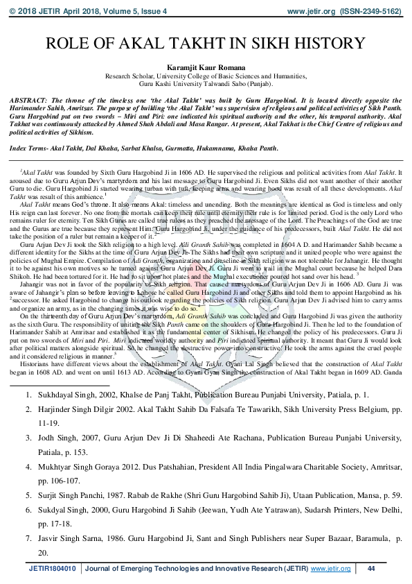 (PDF) Role Of Akal Takht In Sikh History
