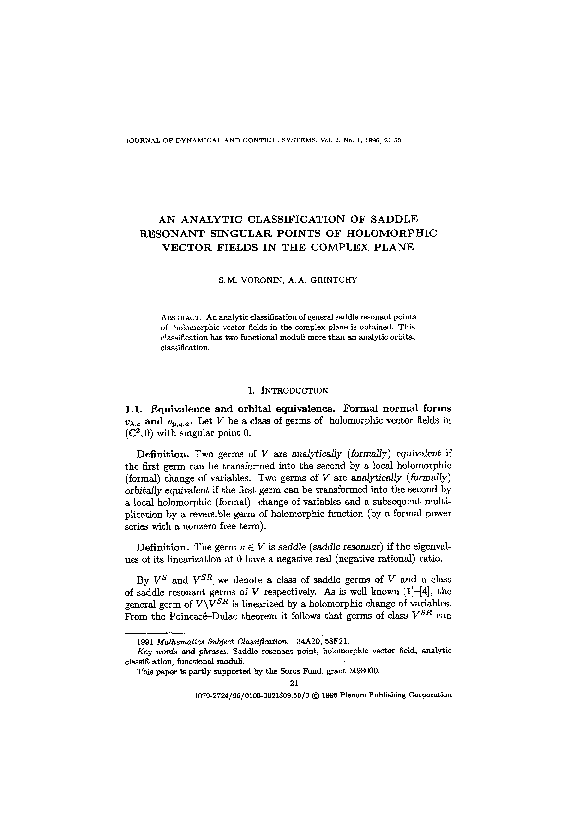 (PDF) An analytic classification of saddle resonant singular points of ...