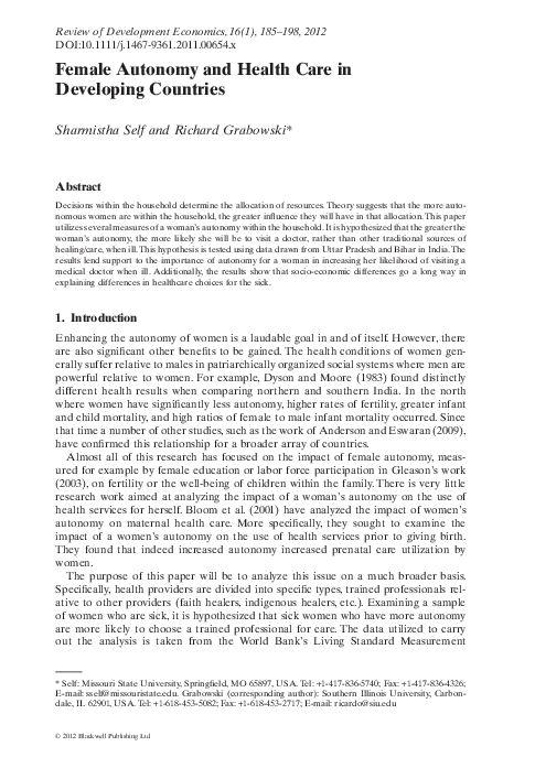 (PDF) Female Autonomy and Health Care in Developing Countries