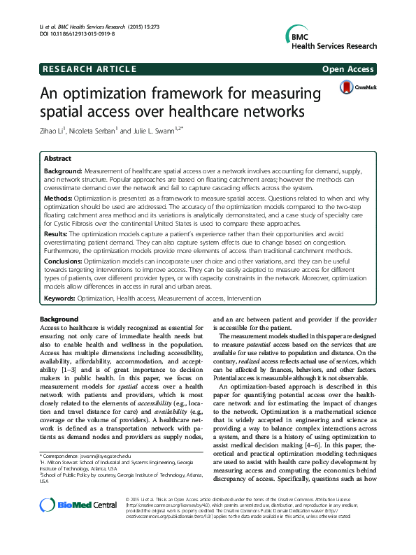 (PDF) An optimization framework for measuring spatial access over healthcare networks