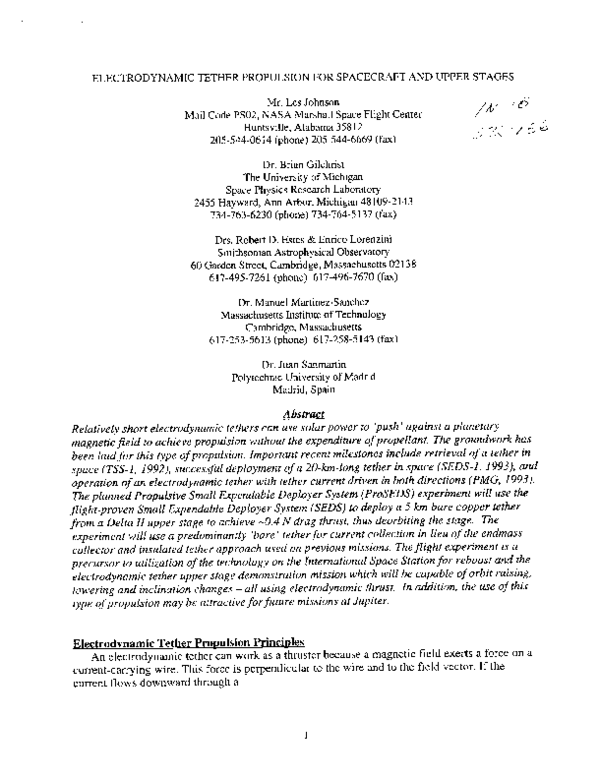 (PDF) Electrodynamic Tether Propulsion for Spacecraft and Upper Stages