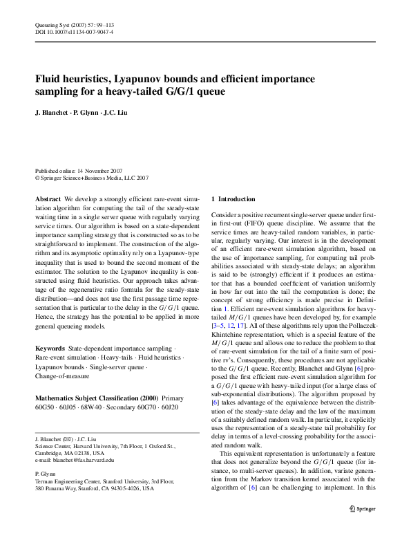 (PDF) Fluid heuristics, Lyapunov bounds and efficient importance sampling for a heavy-tailed G/G ...