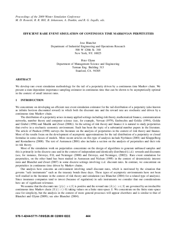(PDF) Efficient rare event simulation of continuous time Markovian perpetuities