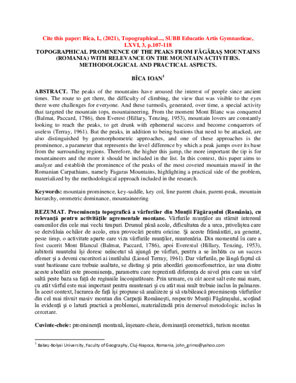 (PDF) Topographical prominence of peaks from Fagaras Mountains (Romania ...