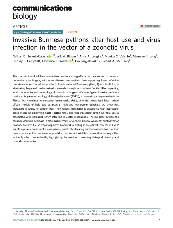(PDF) Invasive Burmese pythons alter host use and virus infection in ...