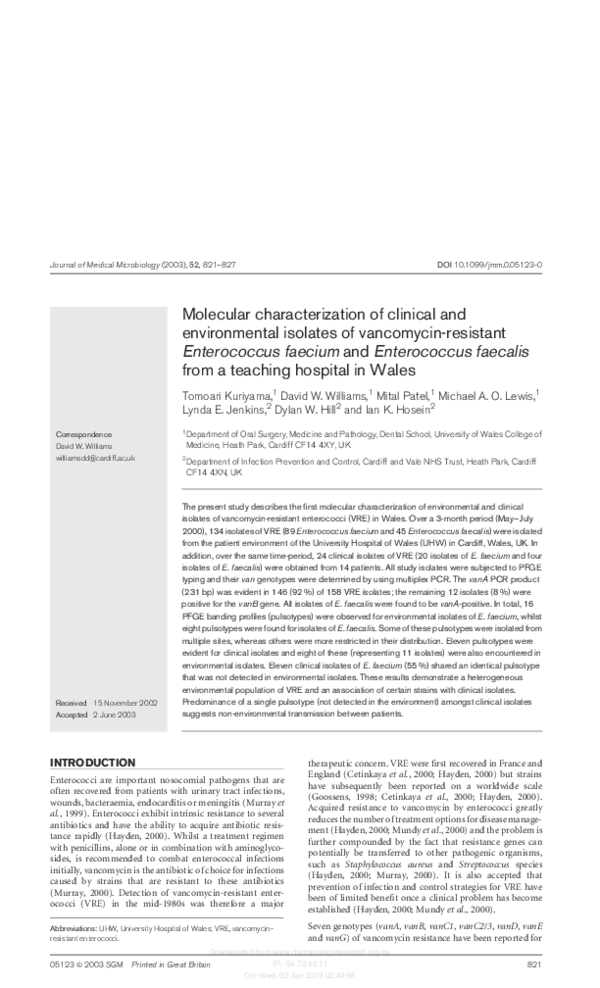 Pdf Molecular Characterization Of Clinical And Environmental Isolates Of Vancomycin Resistant