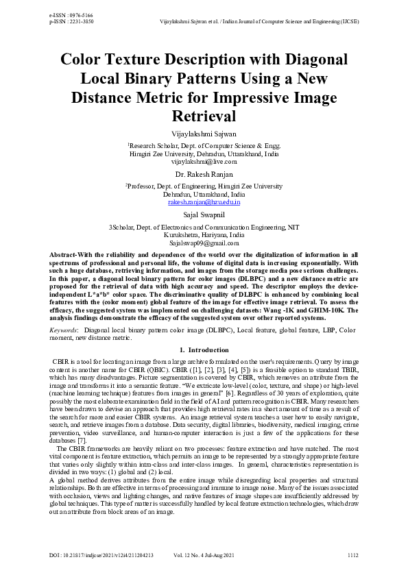 Pdf Color Texture Description With Diagonal Local Binary Patterns Using A New Distance Metric
