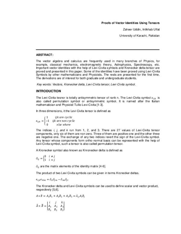 (PDF) Proofs of Vector Identities Using Tensors