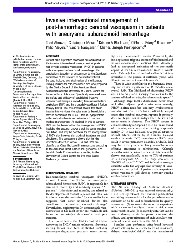 (PDF) Invasive interventional management of post-hemorrhagic cerebral vasospasm in patients with ...