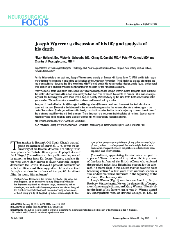 (PDF) Joseph Warren: a discussion of his life and analysis of his death