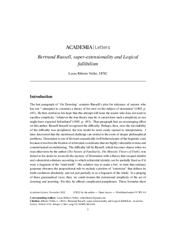 (PDF) Bertrand Russell, super-extensionality and Logical fallibilism