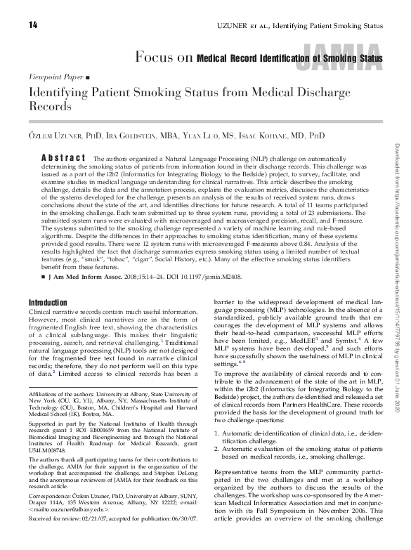 (PDF) Identifying patient smoking status from medical discharge records