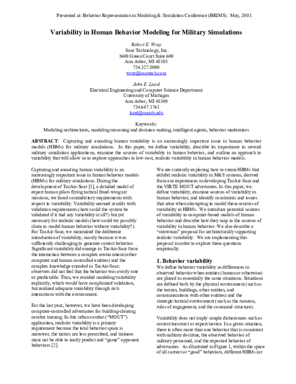 (PDF) Variability in Human Behavior Modeling for Military Simulations