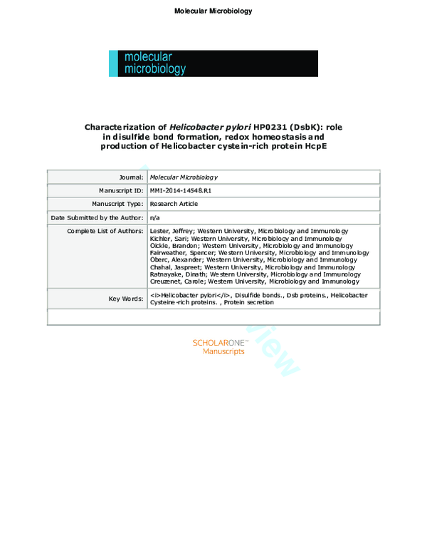 (PDF) Characterization of H elicobacter pylori HP0231 (DsbK): role in ...