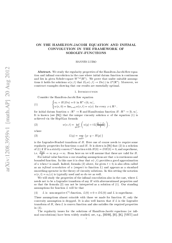 (PDF) On the Hamilton-Jacobi equation and infimal convolution in the framework of Sobolev-functions