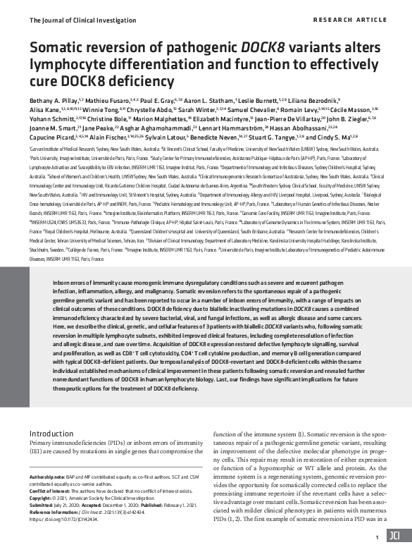 (PDF) Somatic reversion of pathogenic DOCK8 variants alters lymphocyte ...