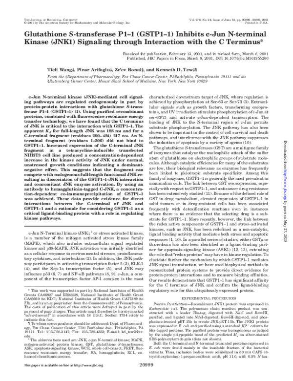 (PDF) Glutathione S-transferase P1 1 (GSTP1 1) inhibits c-Jun N-terminal kinase (JNK1) signaling ...