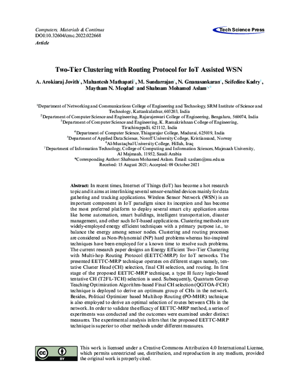 Pdf Two Tier Clustering With Routing Protocol For Iot Assisted Wsn