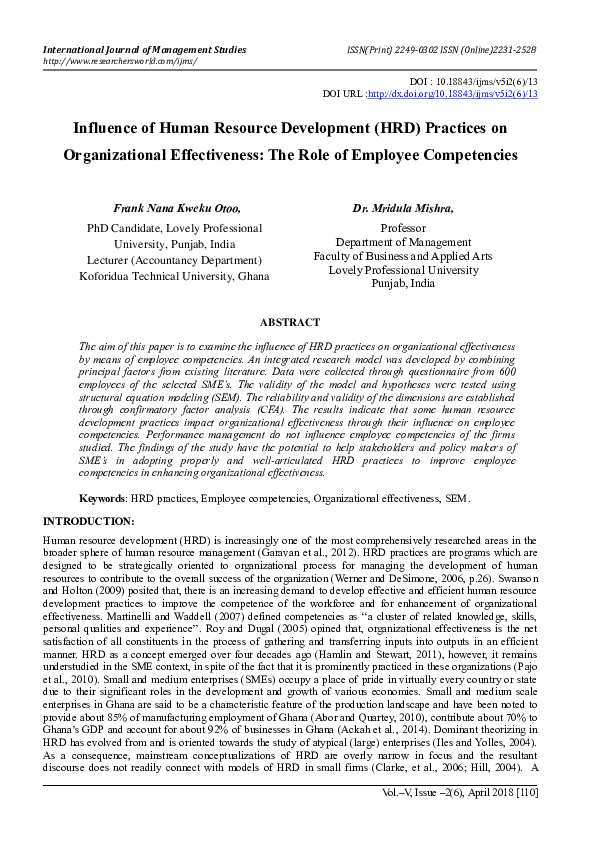 Pdf Influence Of Human Resource Development Hrd Practices On Organizational Effectiveness