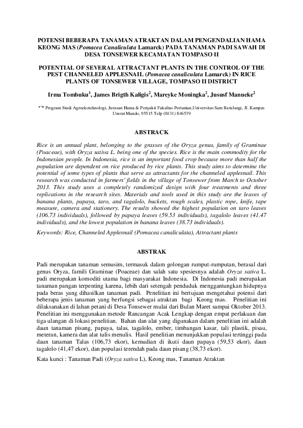 (PDF) POTENSI BEBERAPA TANAMAN ATRAKTAN DALAM PENGENDALIAN HAMA KEONG ...